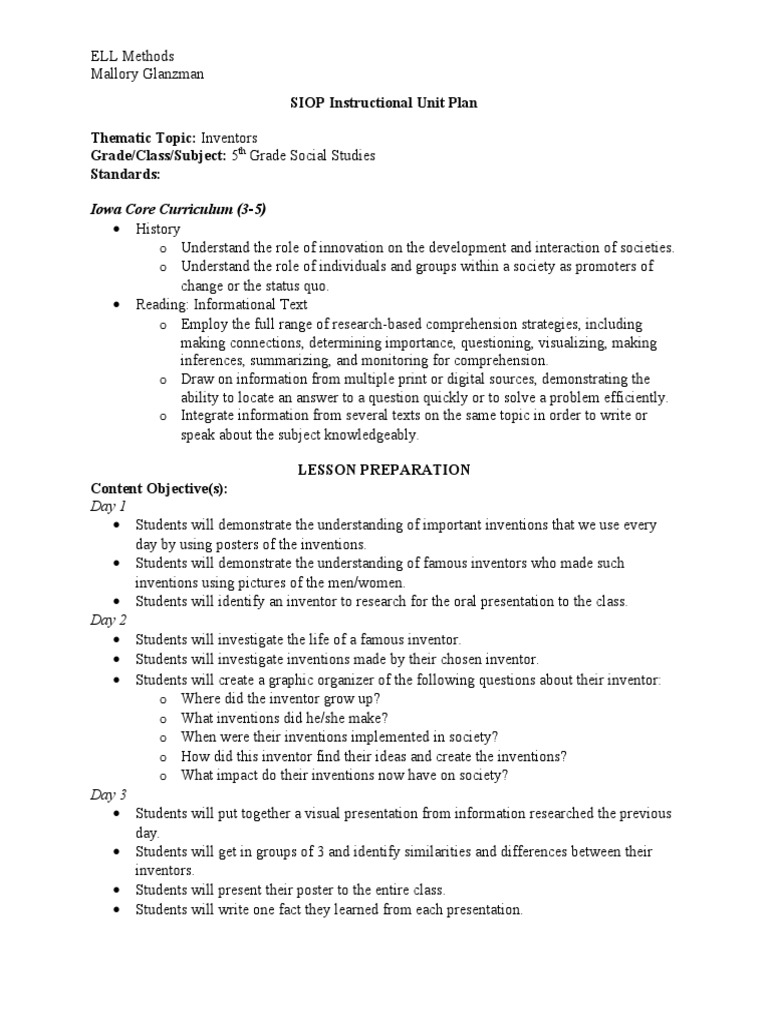 SIOP Instructional Unit Plan Thematic Topic: Inventors Grade/Class ...