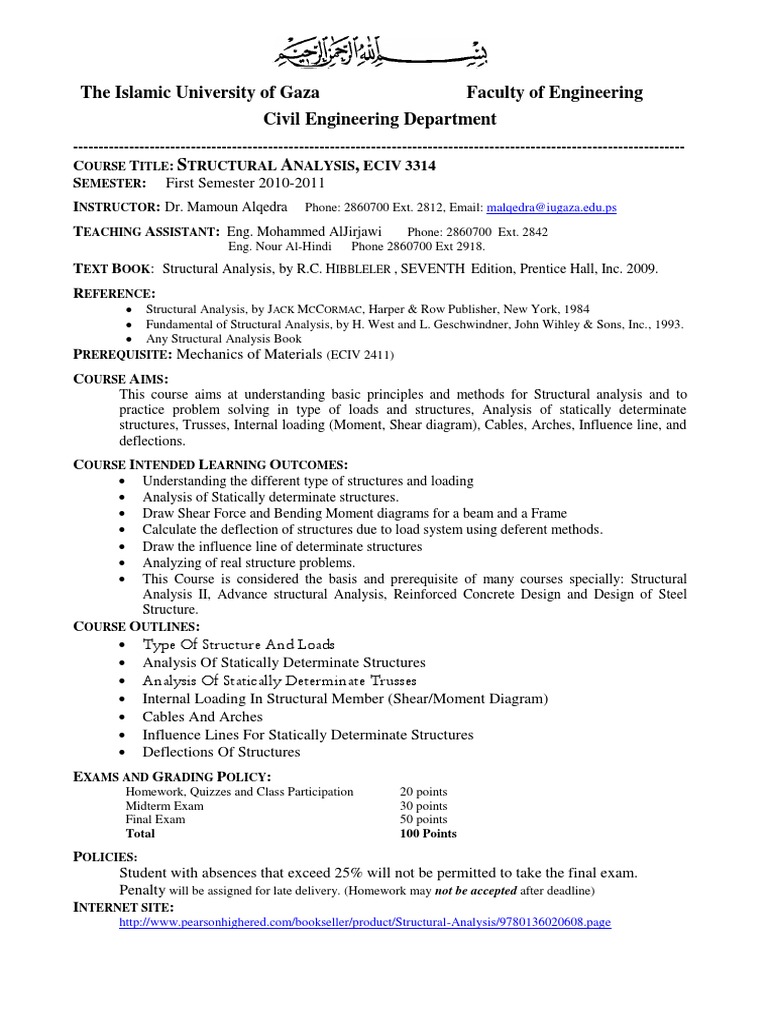 Structure Analysis I Syllabus 2010 2011 | Structural Analysis | Truss ...
