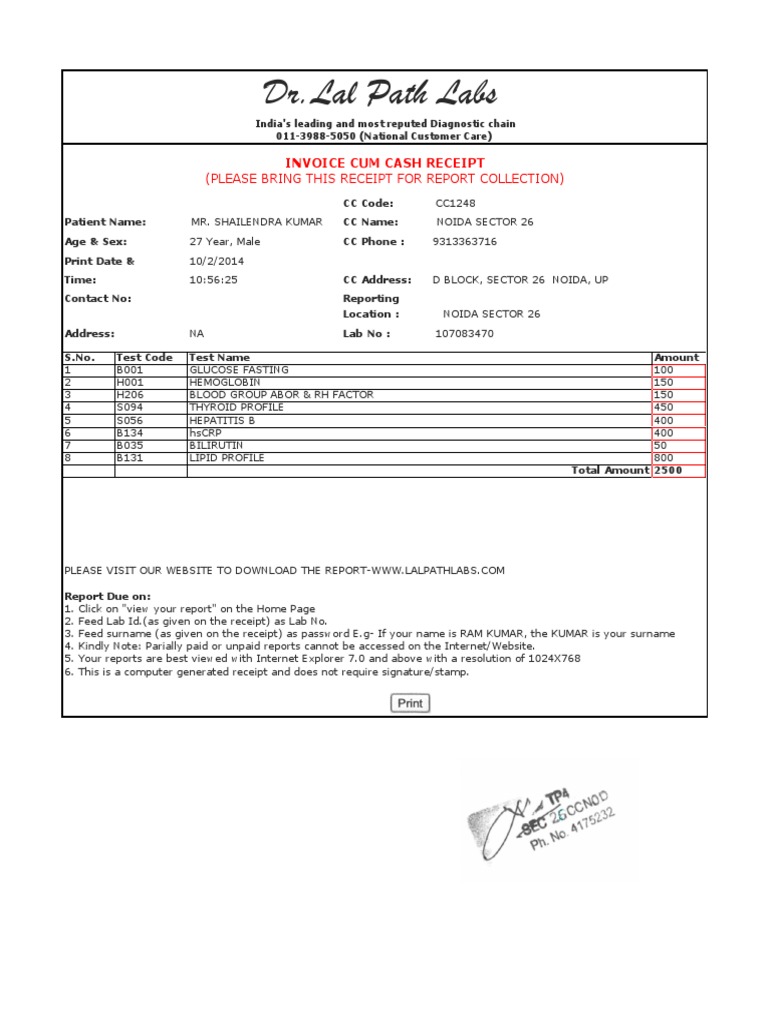 DR - Lal Path Labs: Invoice Cum Cash Receipt (Please Bring This Receipt ...