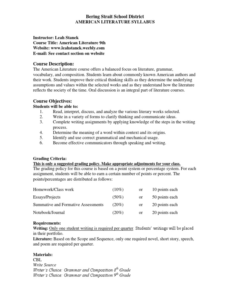American Literature Syllabus With Course Outline-2 | PDF | Homework ...