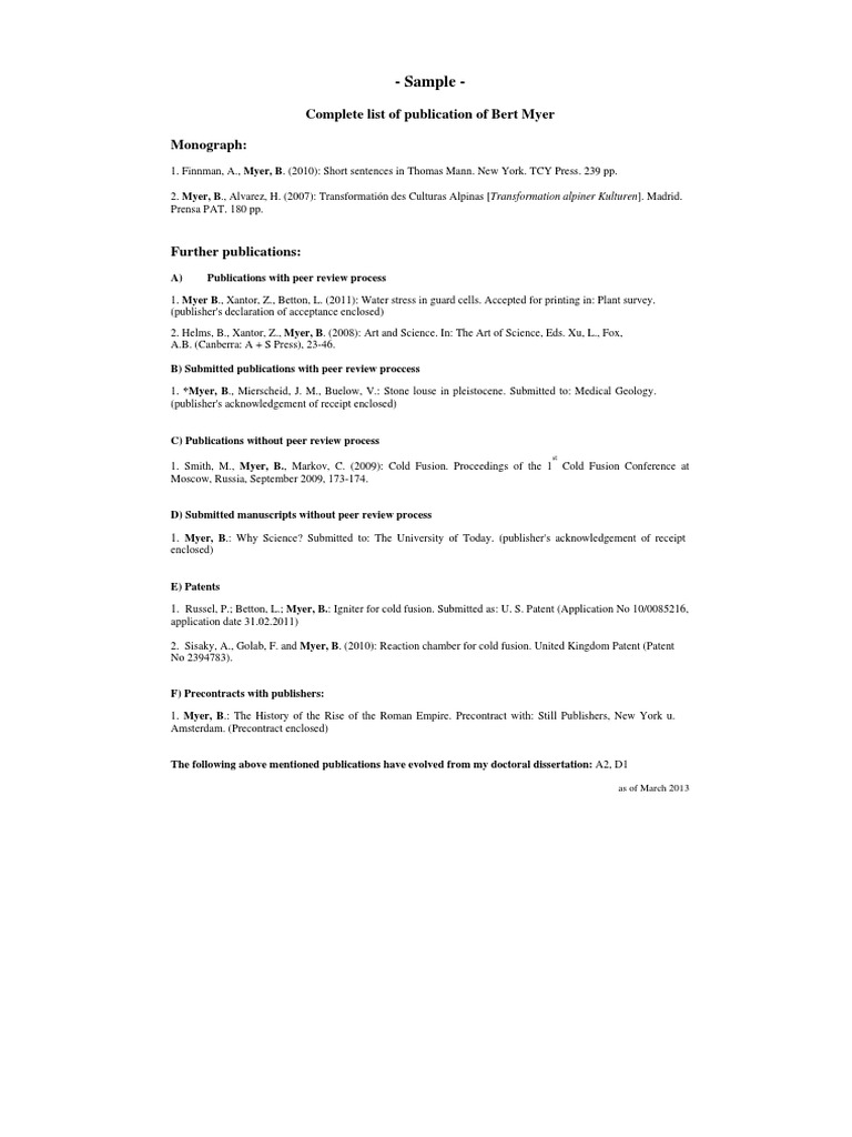 Sample - : Complete List of Publication of Bert Myer Monograph | PDF