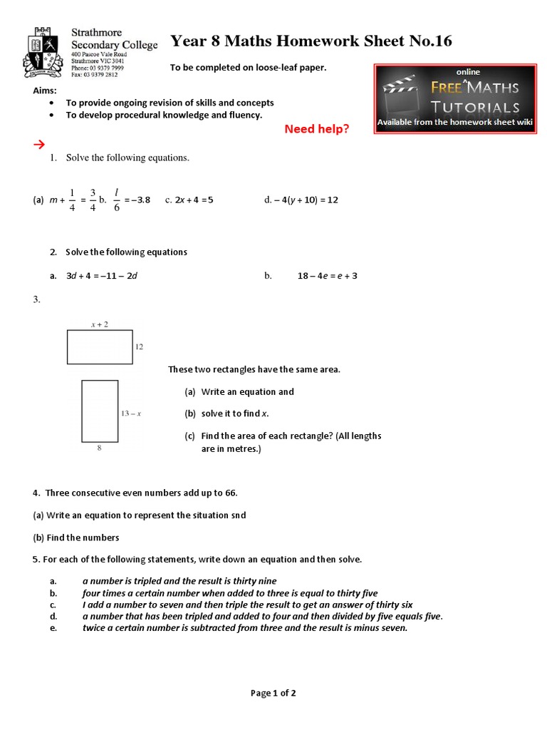 Year 8 Maths Homework Sheet No.16: Need Help? | PDF