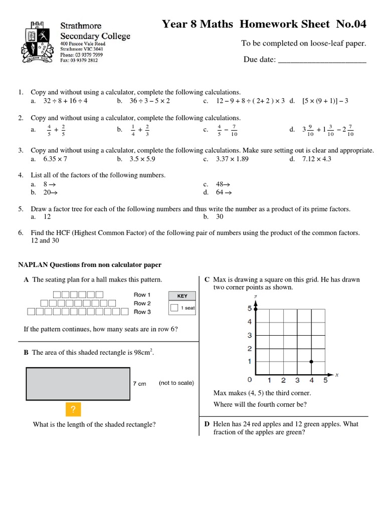 Year 8 Maths Homework Sheet No 4 | PDF