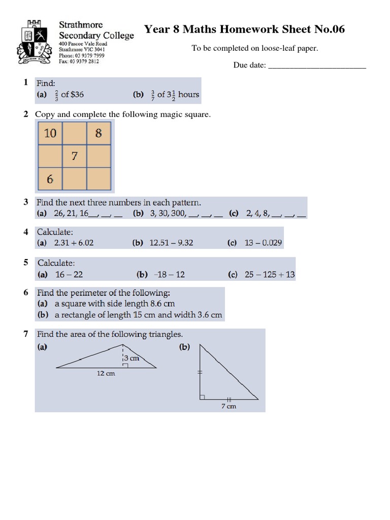 Year 8 Maths Homework Sheet 06 | PDF