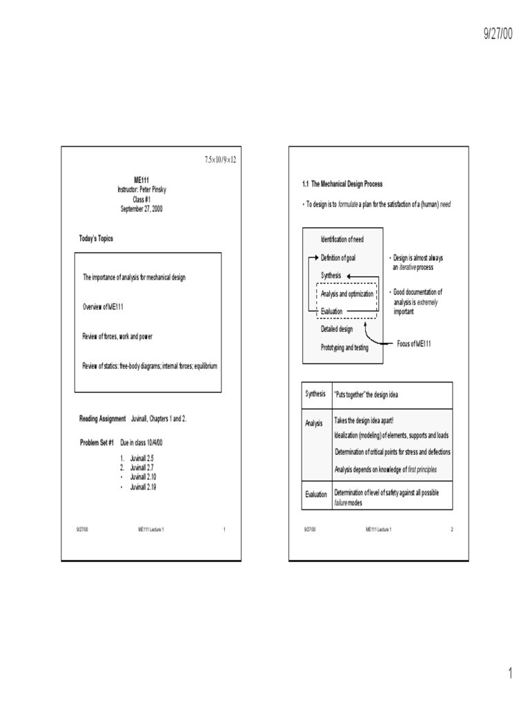 ME111 1.1 The Mechanical Design Process: 9/27/00 ME111 Lecture 1 1 9/27 ...