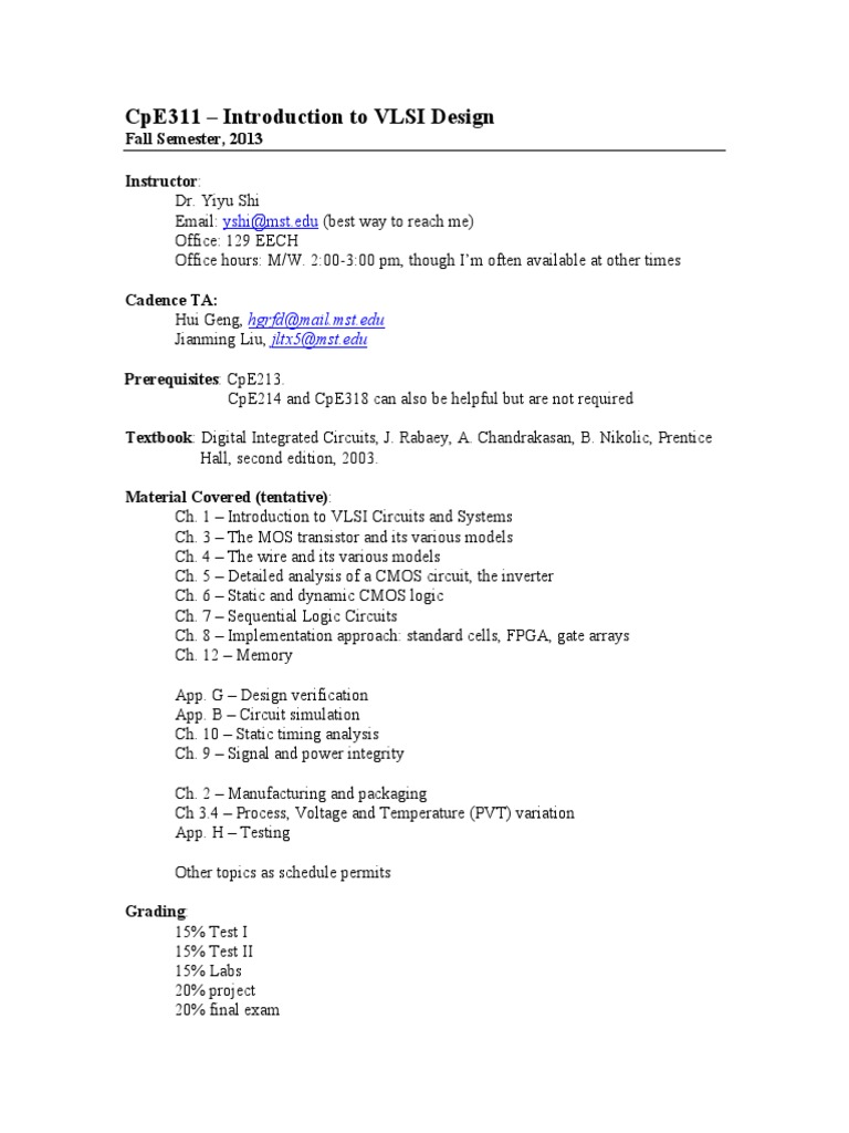 CpE311 Syllabus F13 | PDF | Very Large Scale Integration | Cmos