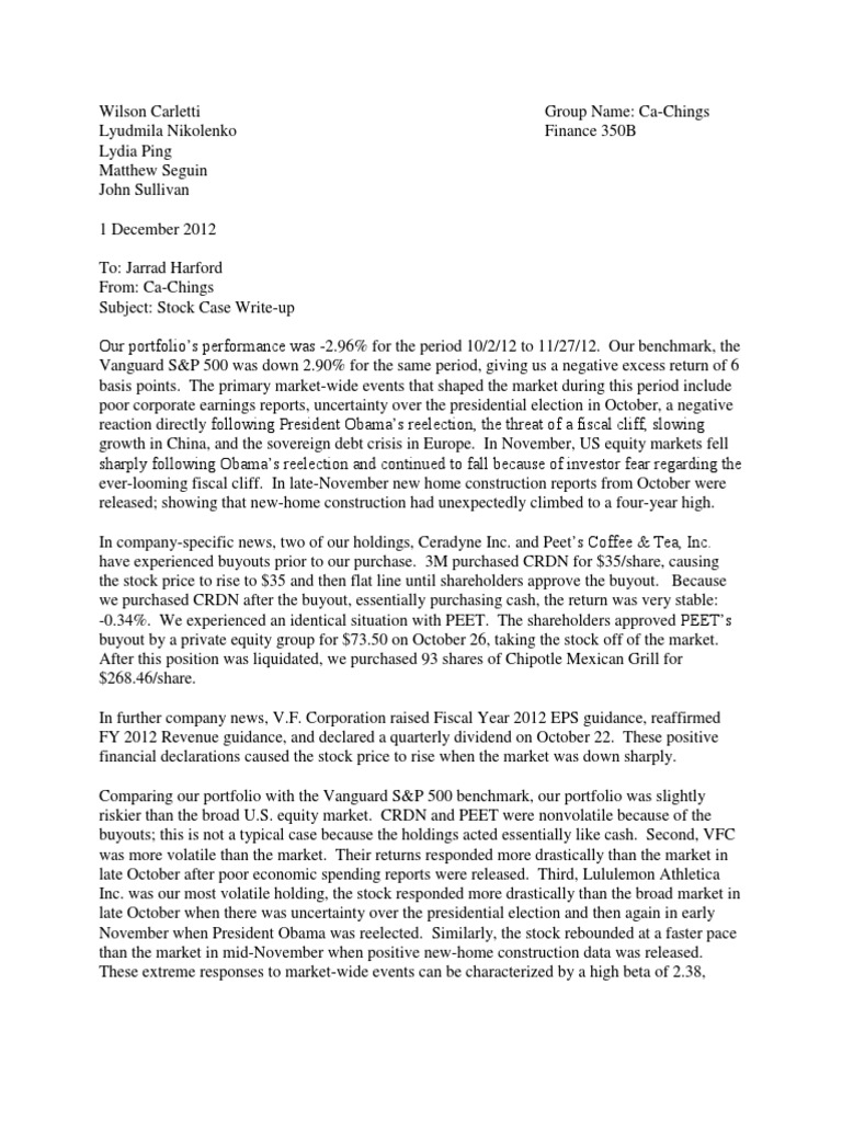 Finance 350 Stock Case Write-Up | PDF | Stock Market Index | Beta (Finance)