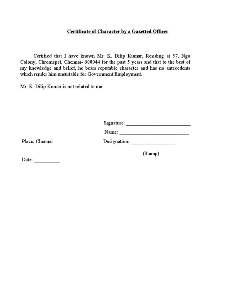 Certificate of Character from Gazetted Officer | PDF