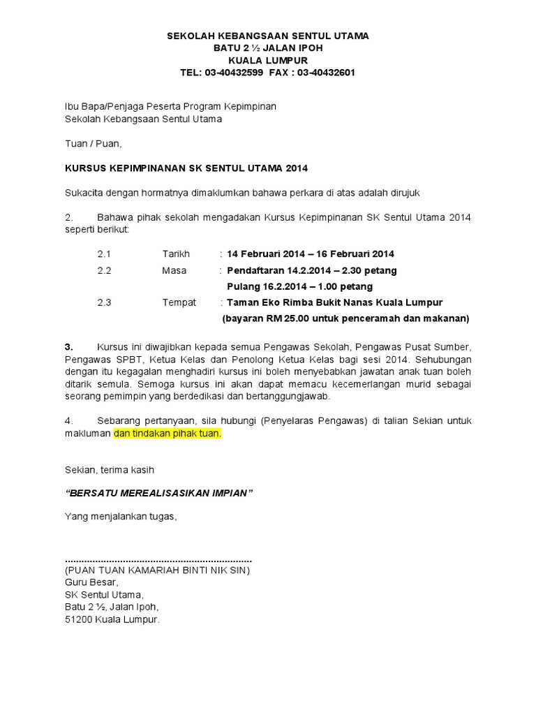 Contoh Surat Kursus Kepimpinan Pengawas 2014 | PDF
