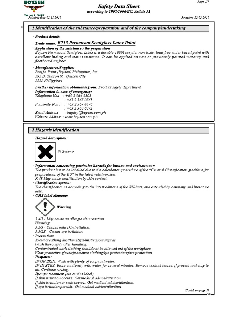 Boysen B715 Semigloss Latex Paint MSDS | PDF | Dangerous Goods | Paint