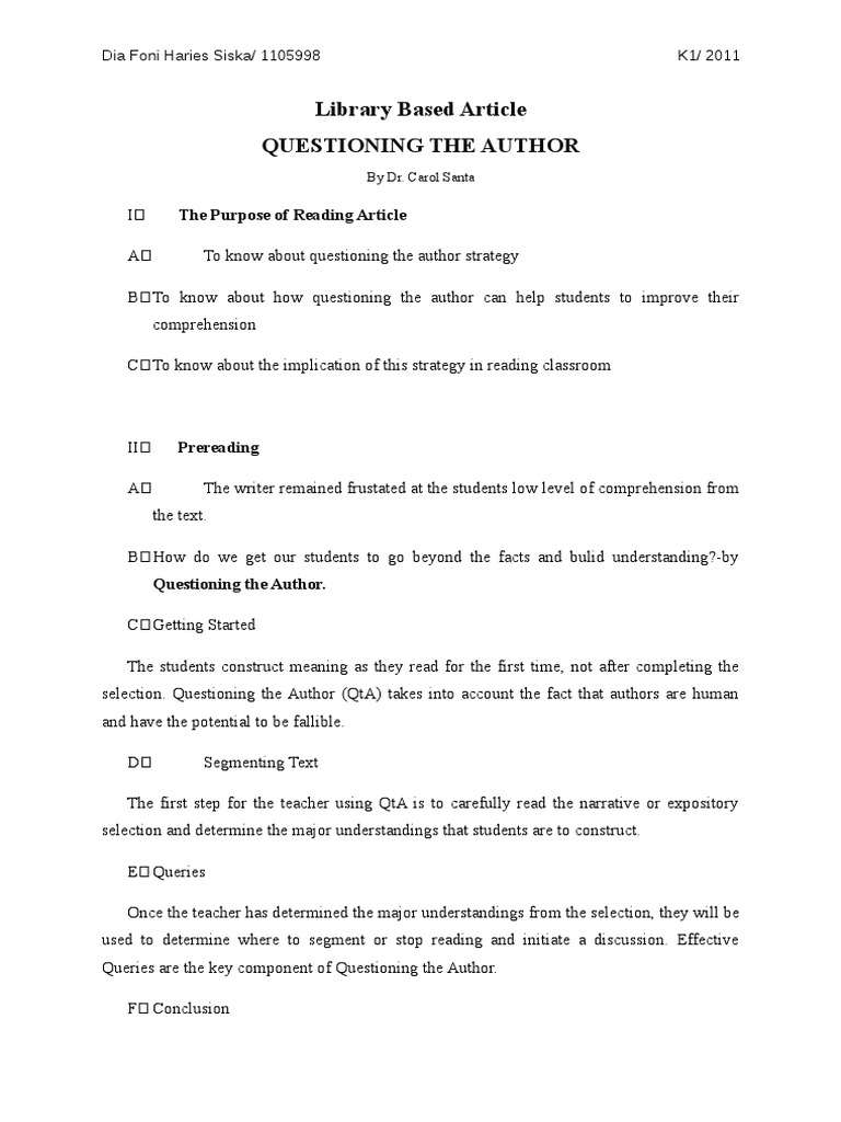 Library Based Article Questioning The Author | PDF | Reading ...