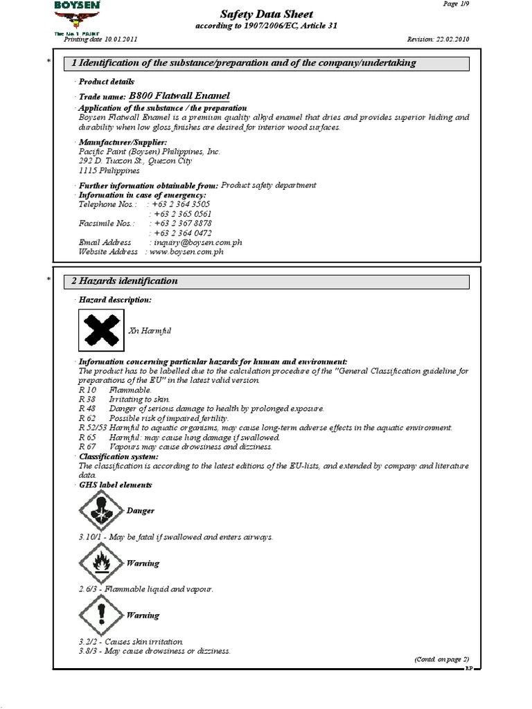 Boysen B800 Flatwall Enamel Overview | PDF | Dangerous Goods | Toxicity