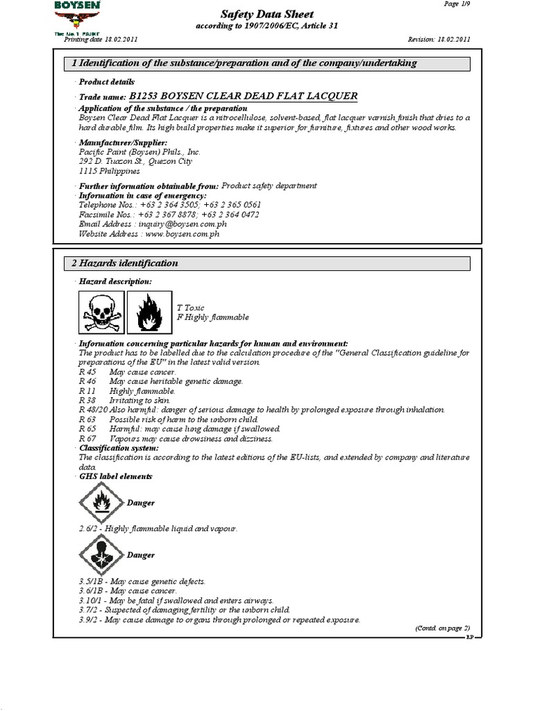 Safety Data Sheet for Boysen Clear Dead Flat Lacquer: Hazardous ...