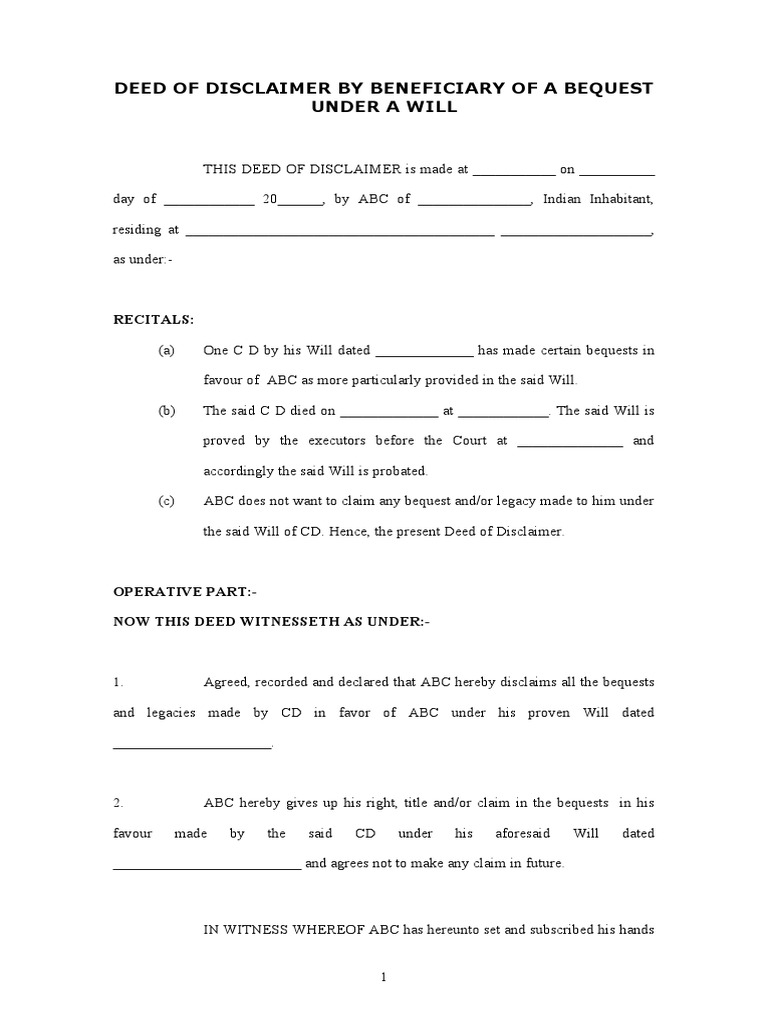 Will - Deed of Disclaimer by Beneficiary of Bequest | PDF | Business ...