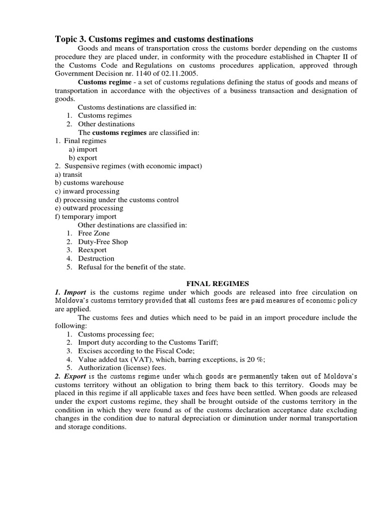 Topic 3. Customs Regimes and Customs Destinations | PDF | Customs | Tariff