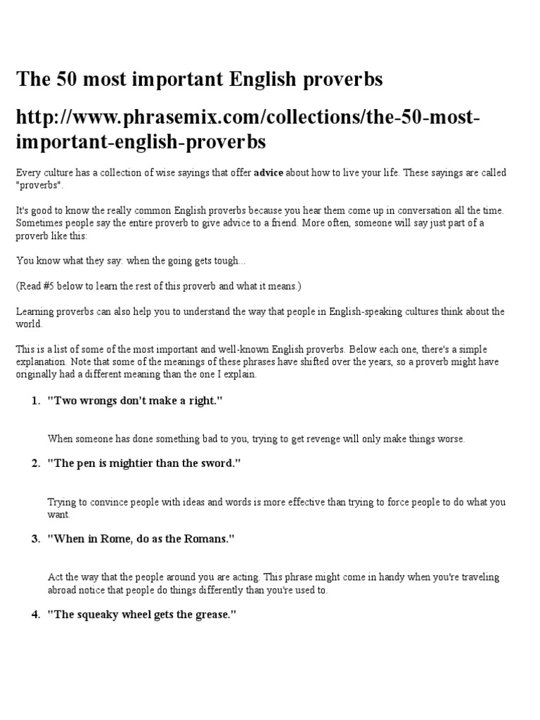 SOLUTION: 150 Common English Proverbs With Meanings And, 48% OFF