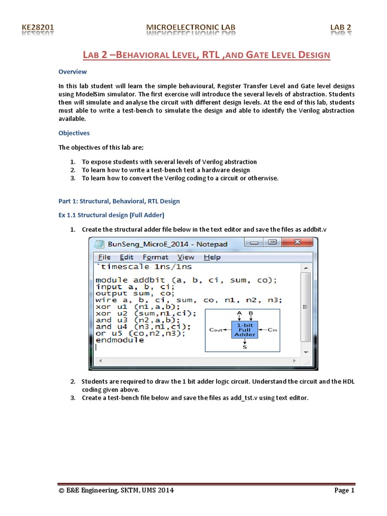 Lab 2 - Behavioral Level, RTL, and Gate Level Design | Download Free ...