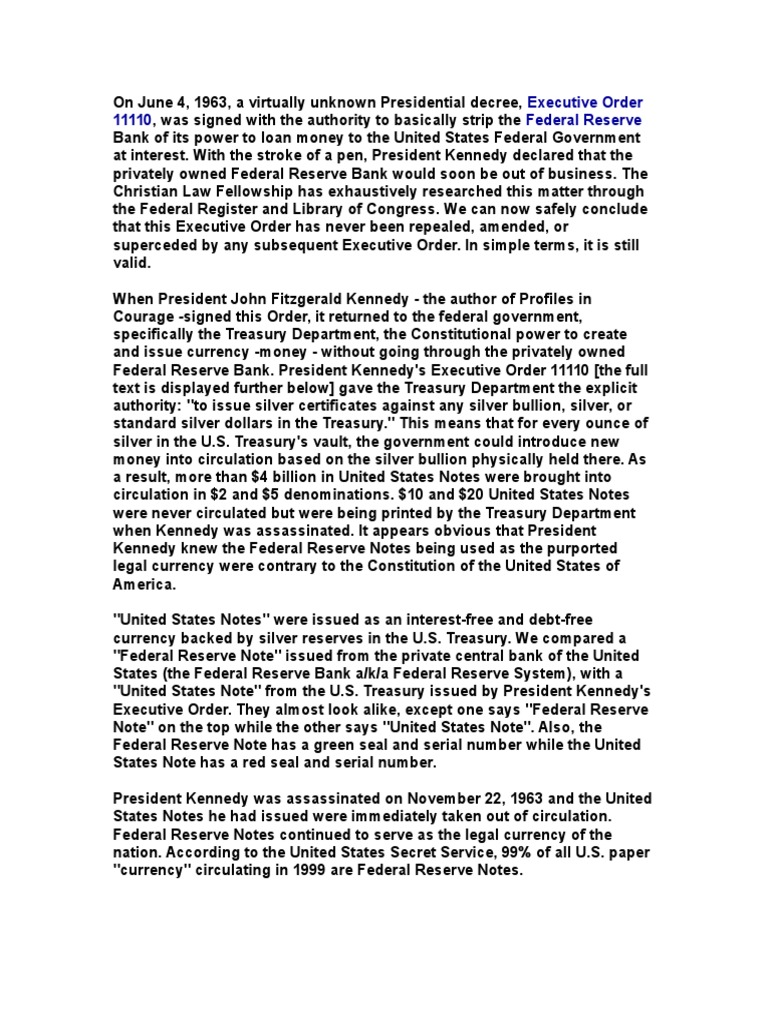 JFK's Executive Order 11110 Explained | PDF | Federal Reserve | United ...