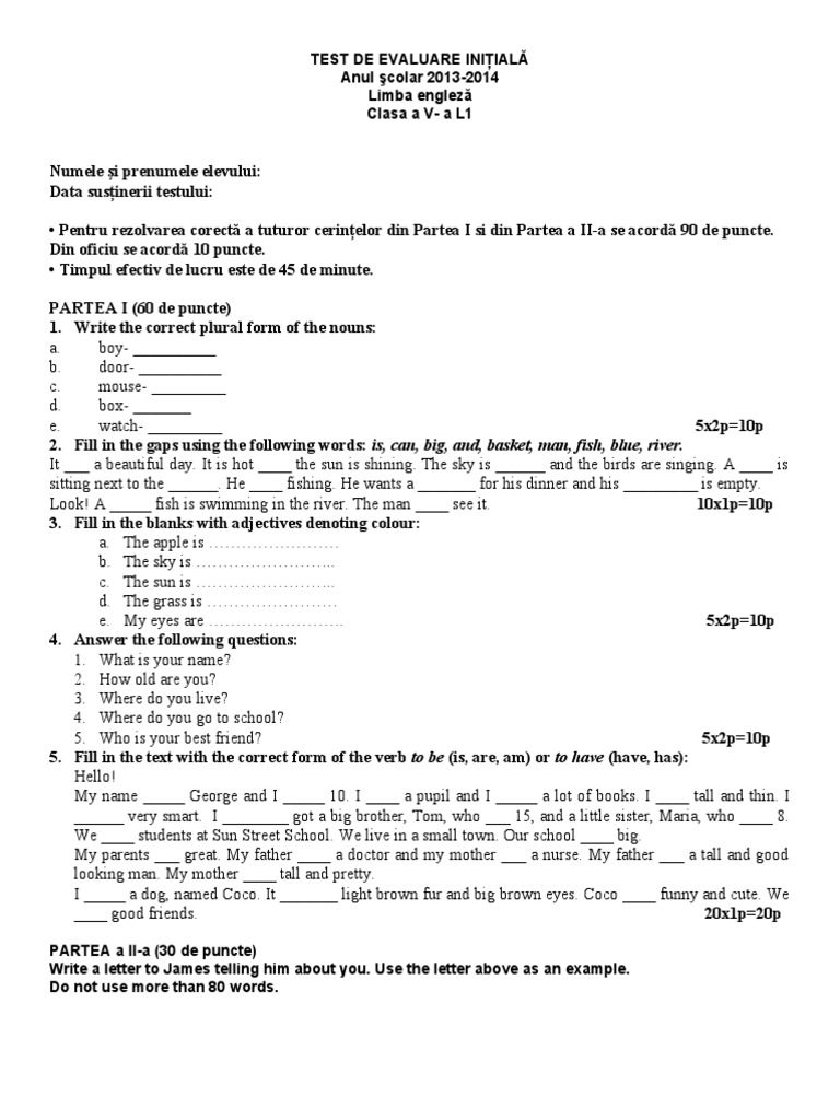 Test Clasa 5 - Engleza | PDF | Linguistic Morphology | Linguistics