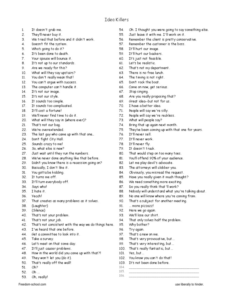 Idea Killers: Use Liberally To Hinder | PDF | Leisure