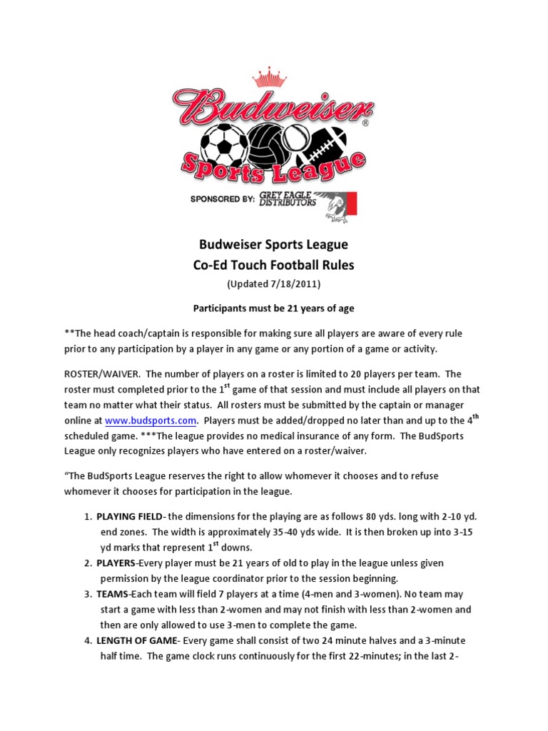 Budweiser Co-Ed Touch Football Rules | PDF | National Football League ...