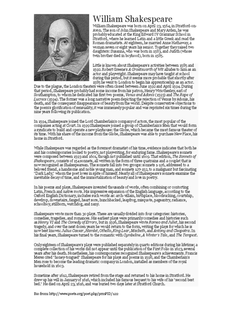 William Shakespeare, renowned English playwright | PDF | William ...