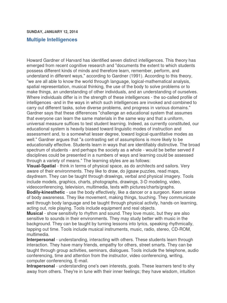 Multiple Intelligences | PDF | Learning | Intelligence