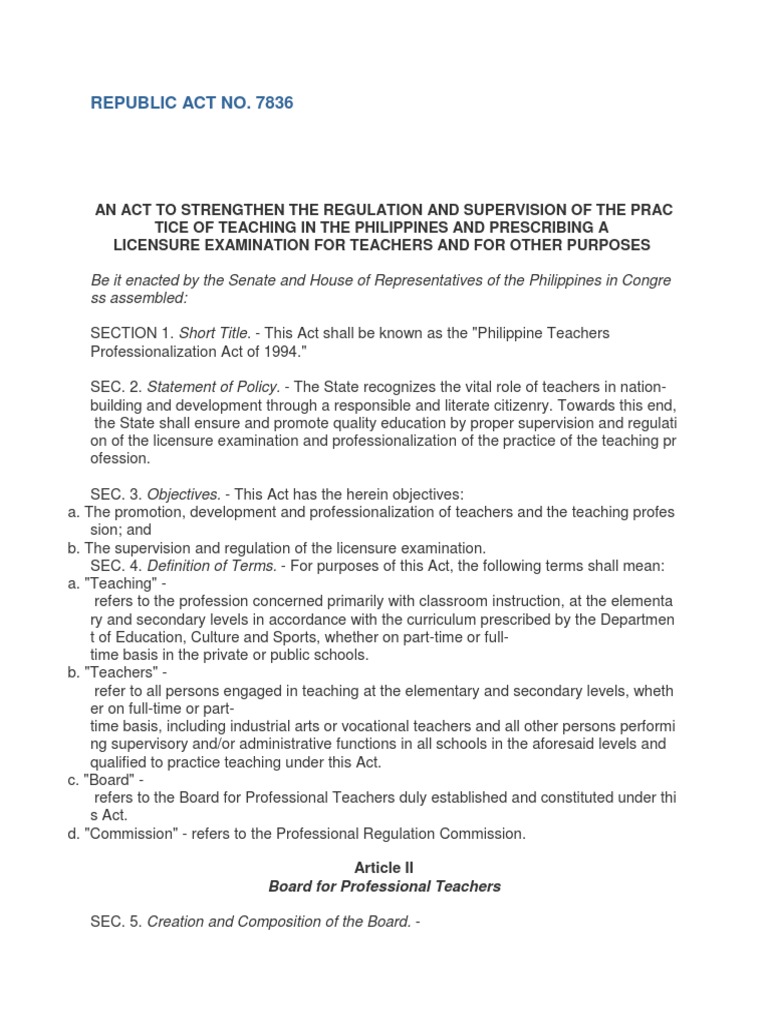 Republic Act No. 7836 | PDF | Licensure | Academic Degree