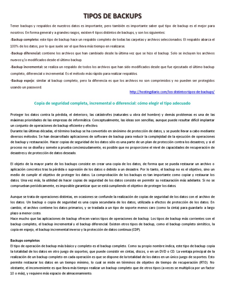Tipos de Backups | PDF | Apoyo | Recuperación de información