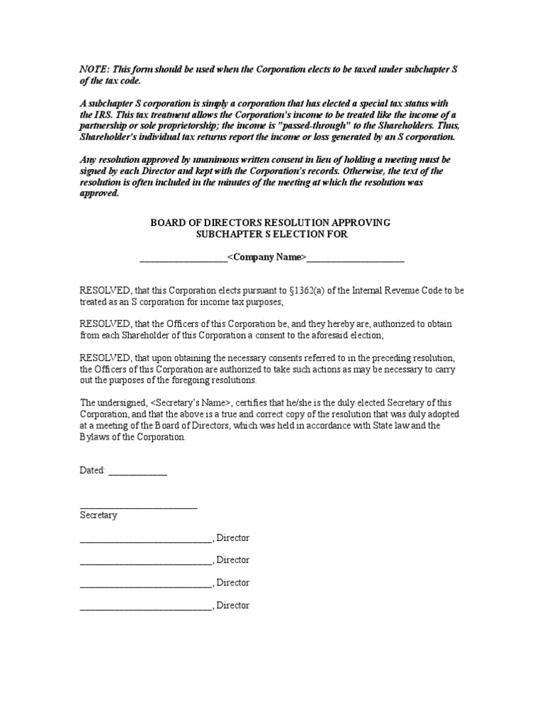 5-3 Resolution Approving Subchapter S Election | PDF | S Corporation ...