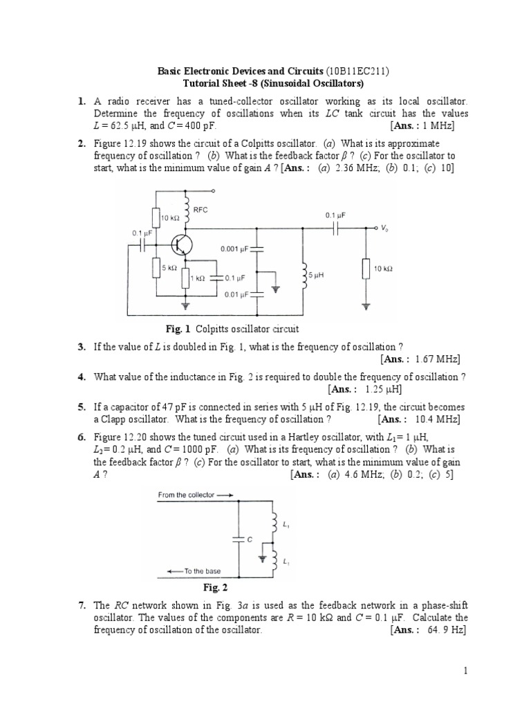 Tutorial Sheet - 8 (Sinusoidal Oscillators) | PDF | Electronic Oscillator | Electromagnetism