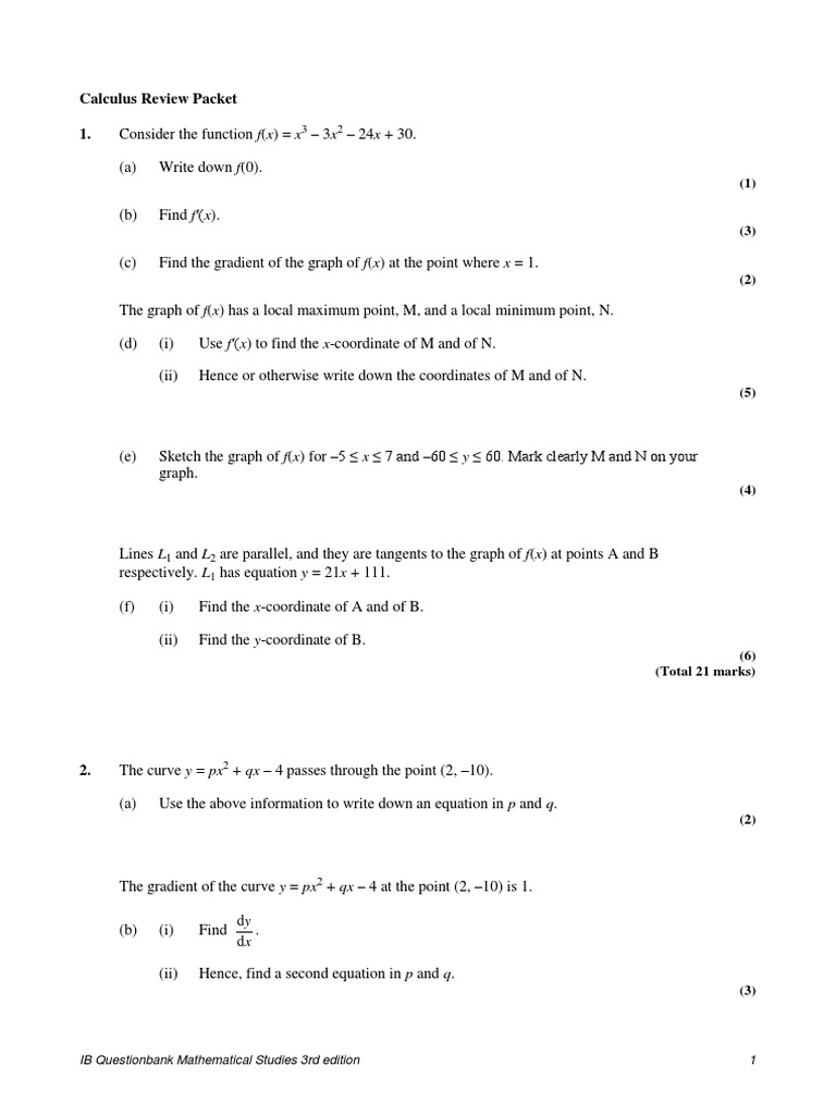 IB Math Studies Calculus Problems | PDF | Tangent | Area