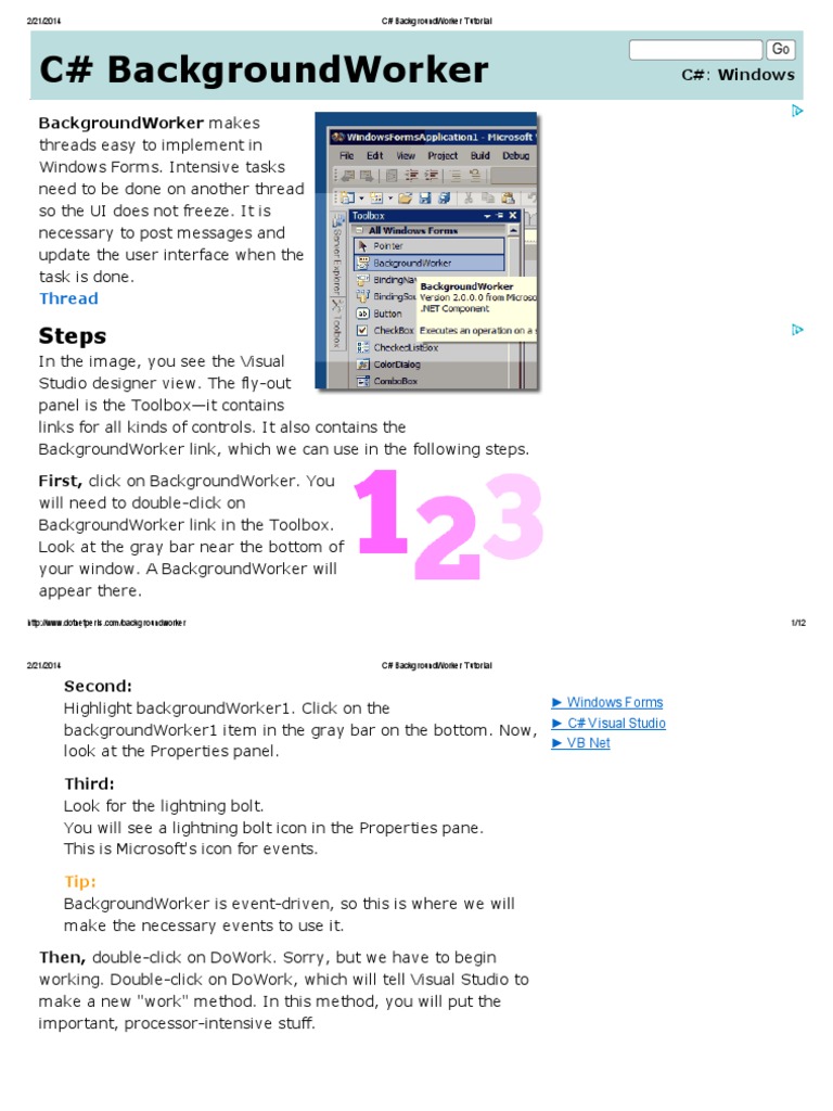 C# Background Worker Tutorial | PDF | Thread (Computing) | Microsoft Visual Studio