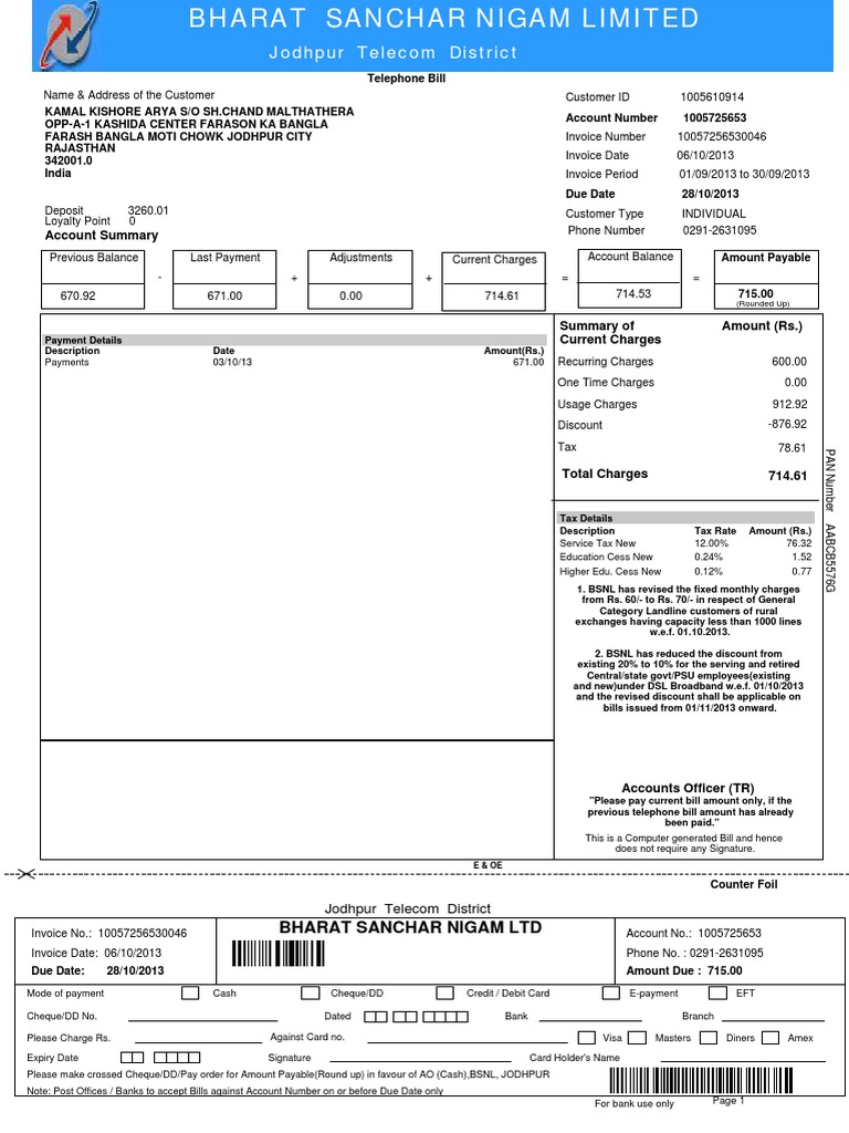 Sample Bsnl Bill | Invoice | Cheque