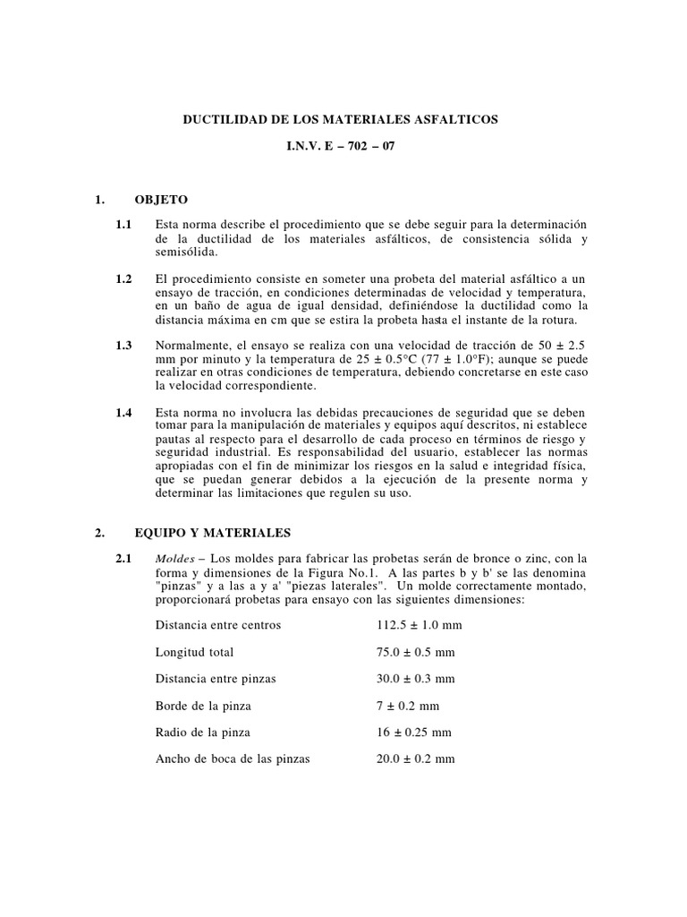 Norma INV E-702-07 (Ductilidad de Los Materiales Asfálticos) | PDF ... Norma INV E-702-07 (Ductilidad de Los Materiales Asfálticos) | PDF ...