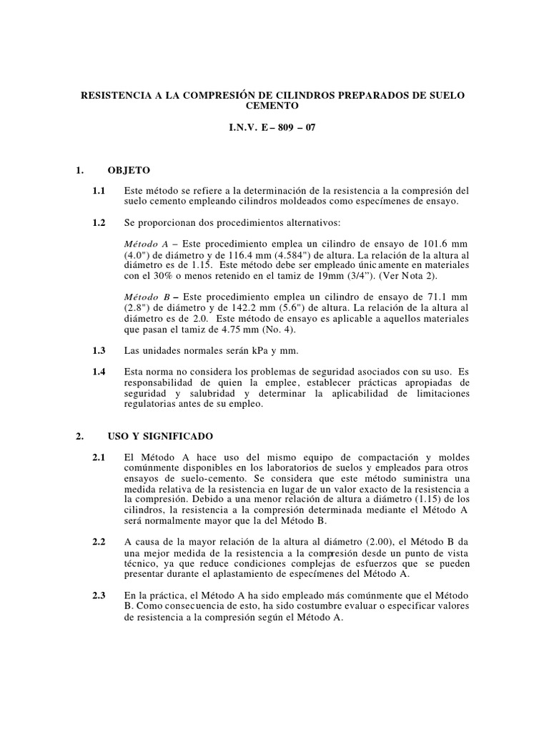 Norma INV E-809-07 (Resistencia A La Compresión de Cilindros Preparados de Suelo-Cemento) | PDF ...
