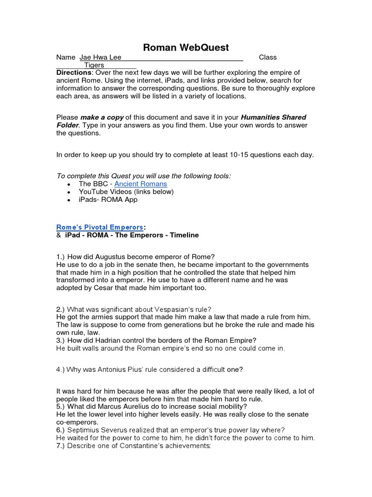 Roman Web-Quest | PDF | Ancient Rome | Roman Empire