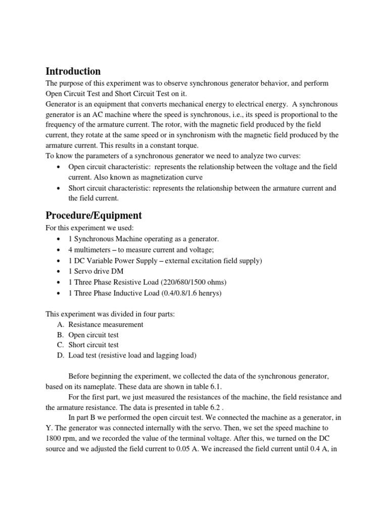 Synchronous Generator - Lab Report | PDF | Electric Generator | Inductance