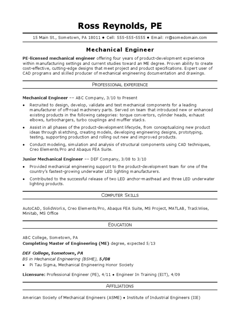 Sample Resume Mechanical Engineer Midlevel | PDF