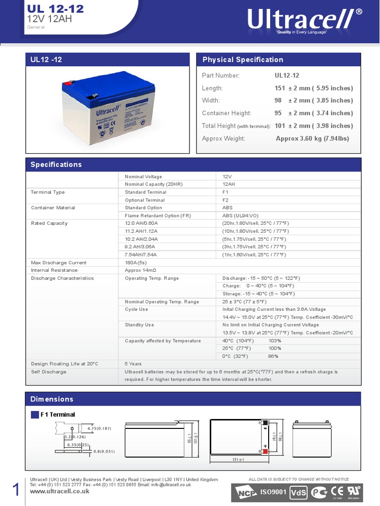 Ultracell UL12-12 Battery Specifications | PDF | Battery (Electricity ...