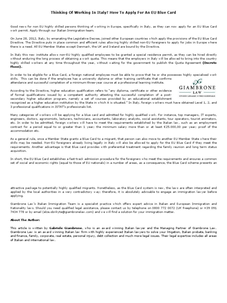 Thinking of Working in Italy? How To Apply For An EU Blue Card | PDF ...
