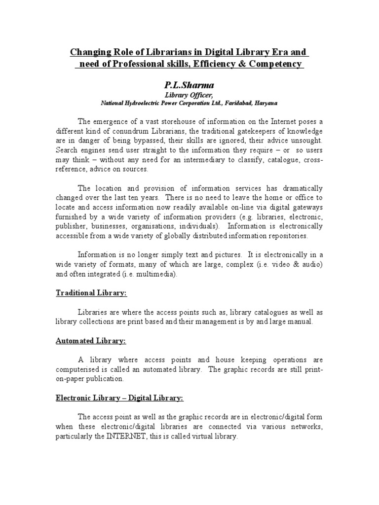 Changing Role of Librarians in Digital Library Era | PDF | Digital ...