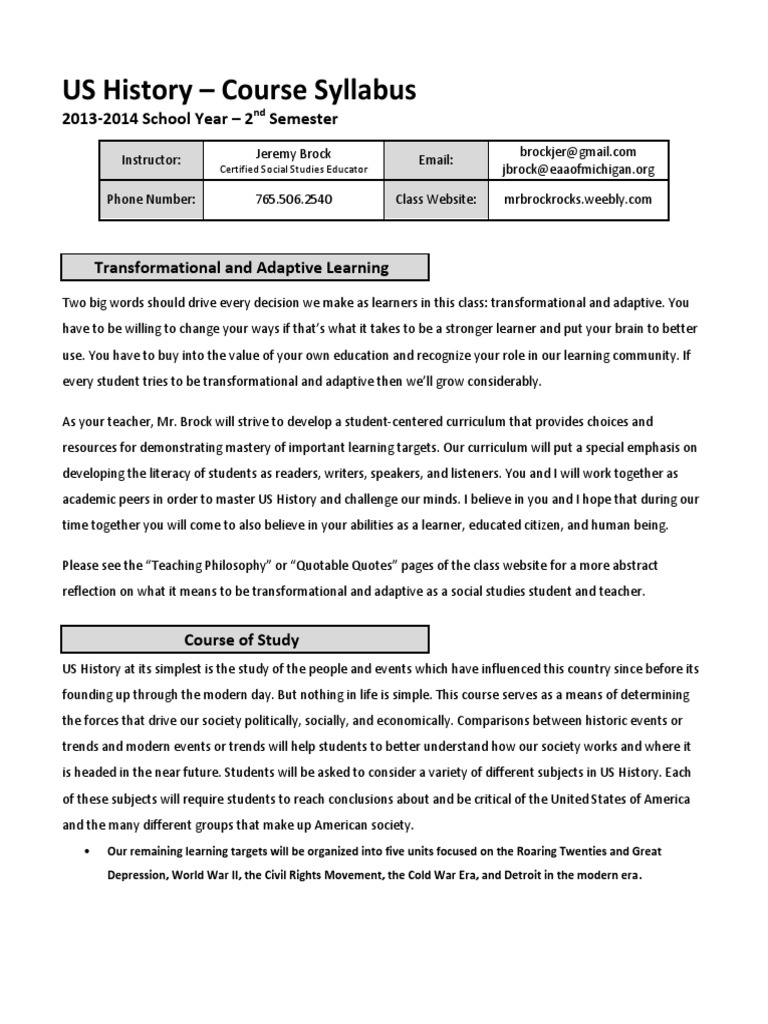 Syllabus - Us History - 2013-2014 2nd Semester | PDF | Curriculum | Sharing