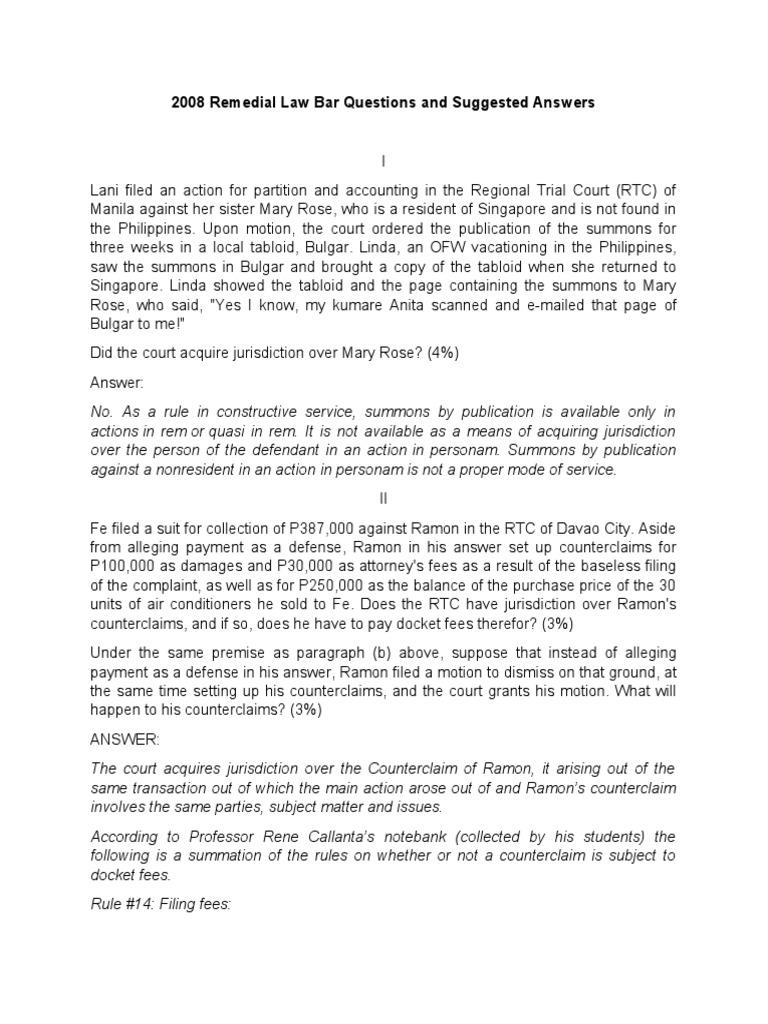 2008 Remedial Law Bar Questions and Suggested Answers | PDF ...