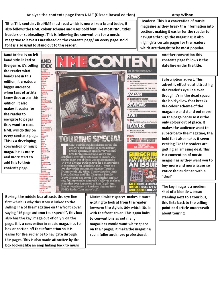 Analyse The Contents Page From NME (Dizzee Rascal Edition) Amy Wilson | PDF