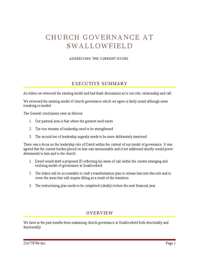 Church Governance at Swallowfield | PDF | Elder (Christianity) | Mentorship