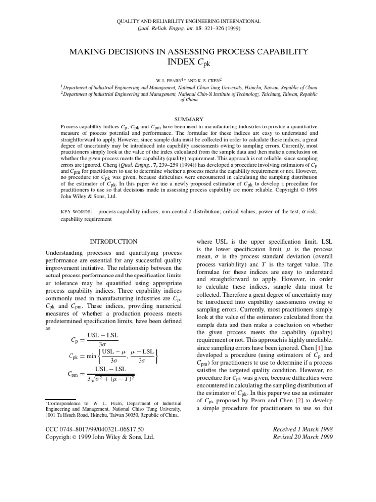 Making Decisions in Assessing Process Capability Index CPK | PDF | Estimator | Statistical Theory
