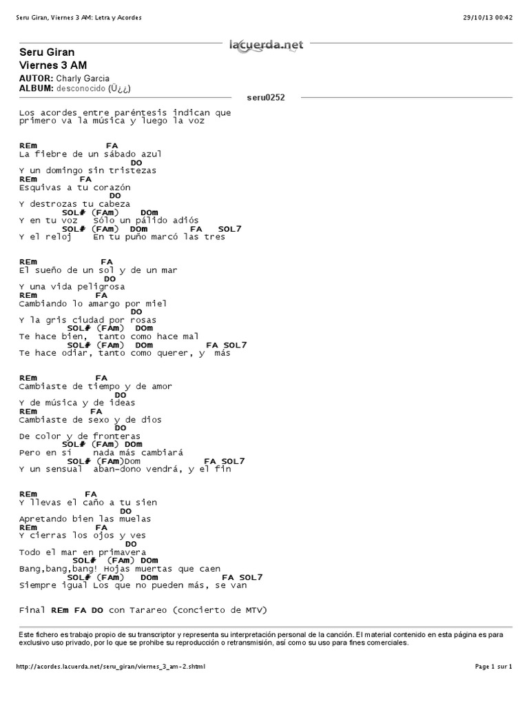 Seru Giran, Viernes 3 AM: Letra y Acordes | PDF