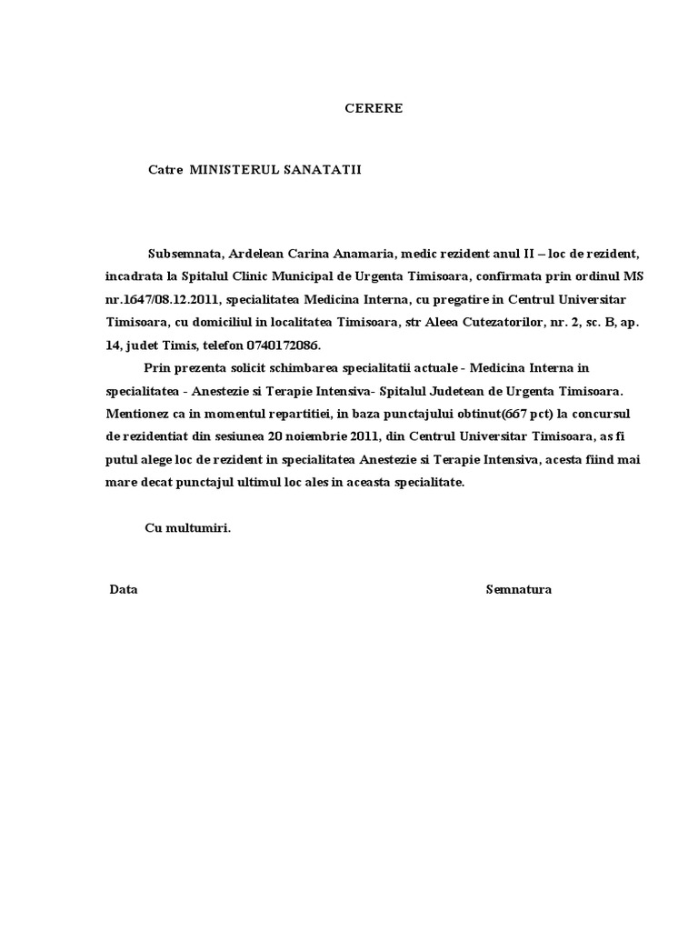 Model Cerere 2 Catre Ms