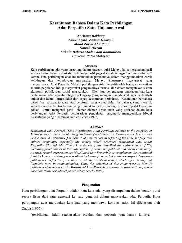 Kesantunan Bahasa Dalam Kata Perbilangan Adat Perpatih - Satu Tinjauan ...